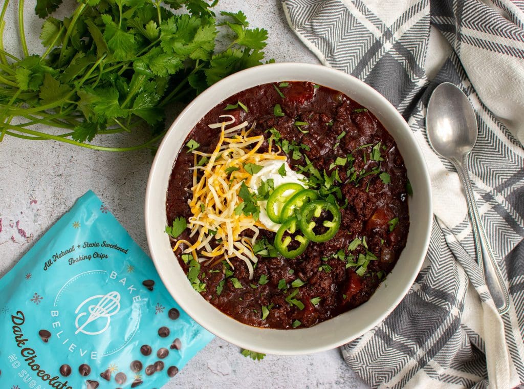 Dark Chocolate Chili (Paleo, Keto Friendly) - Bake Believe